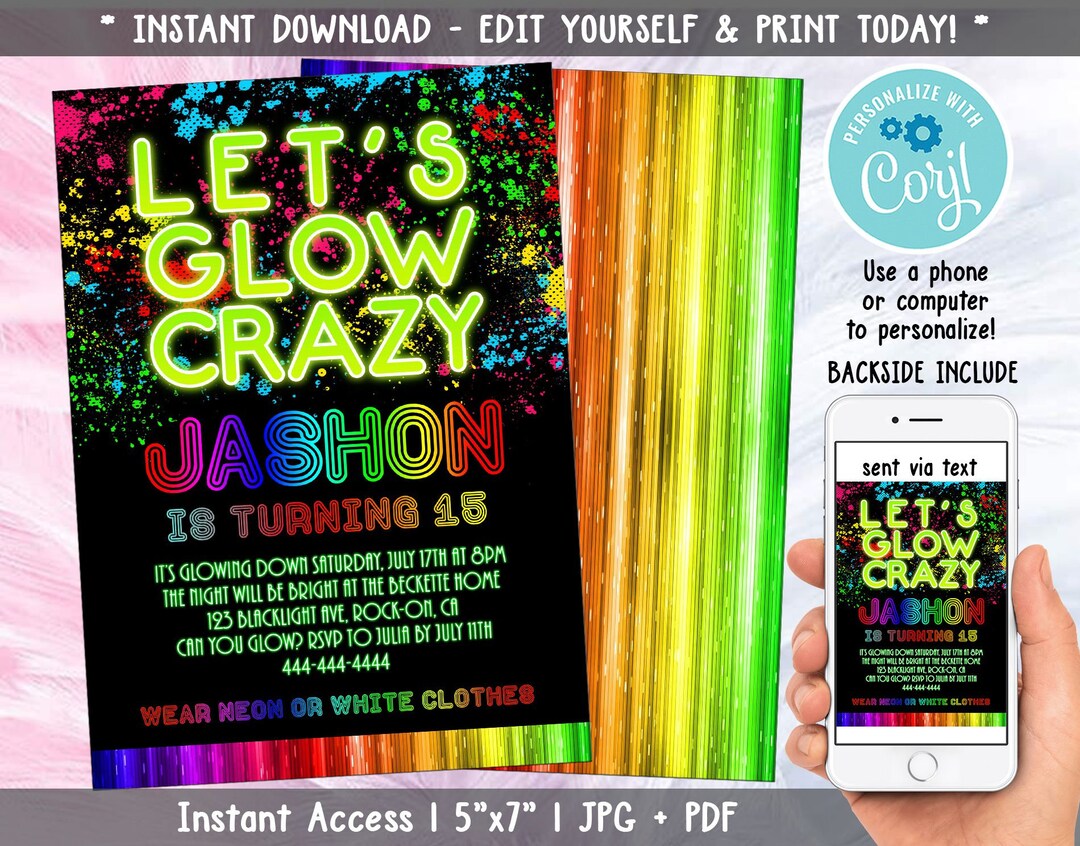 Glow Birthday Party Invitation, Neon Glow Invitation, Glow in the Dark ...