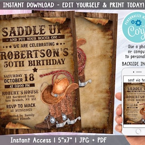 Editable Country Western Invitaion, Rustic Wood Invitation, Cowboy ...