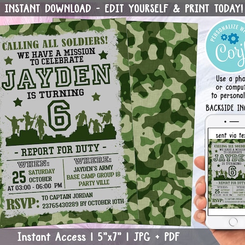 Editable Military Party Invitations. Army Birthday Invitation. - Etsy