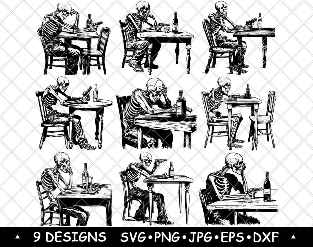 Somber Skeleton Drunk Pistol Weapon Suicide Lonely Dead Laser File SVG ...