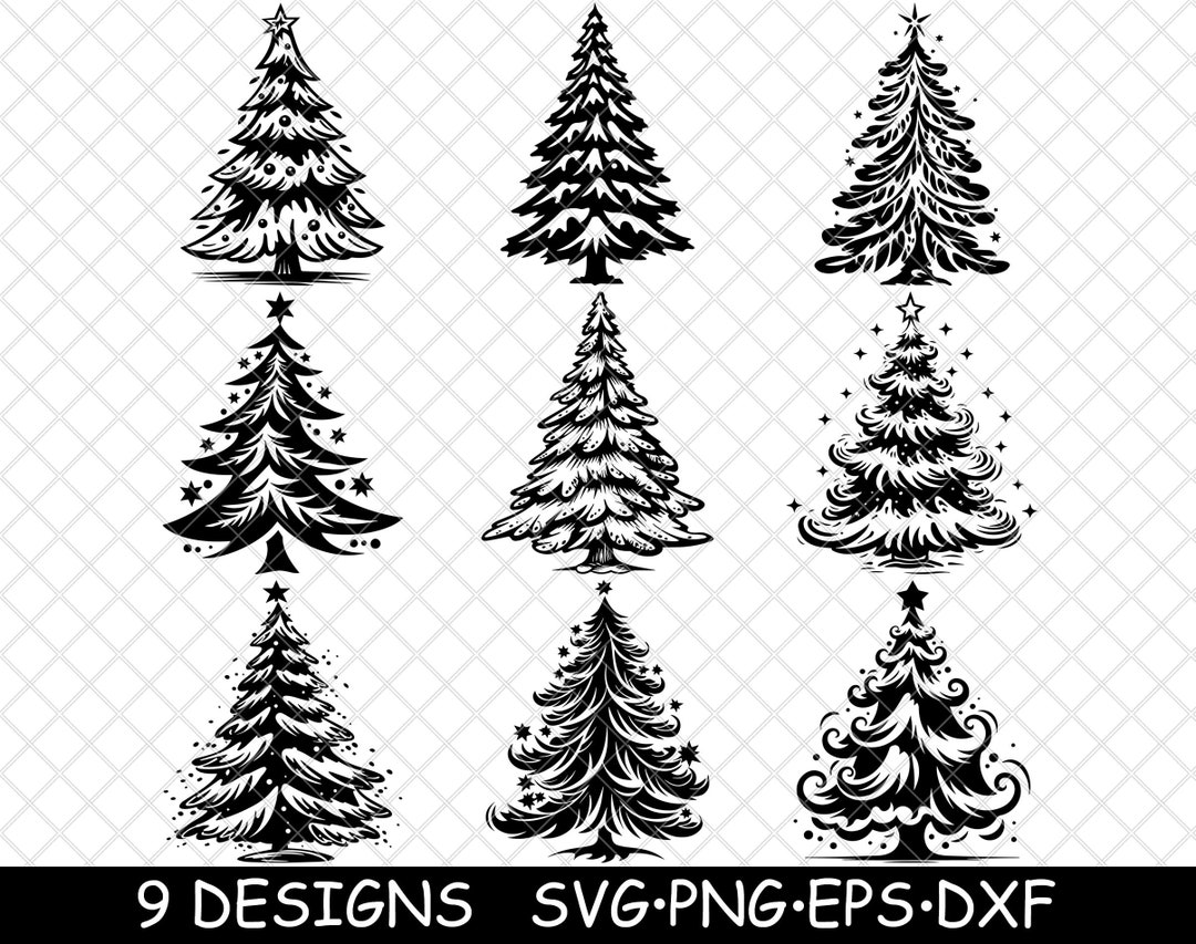 Christmas Tree Clipart Set | Festive Engraved Holiday Pine Vector ...
