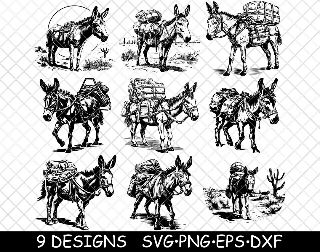Pack Mule SVG Bundle | Donkey With Saddle Clipart for Western Crafts ...