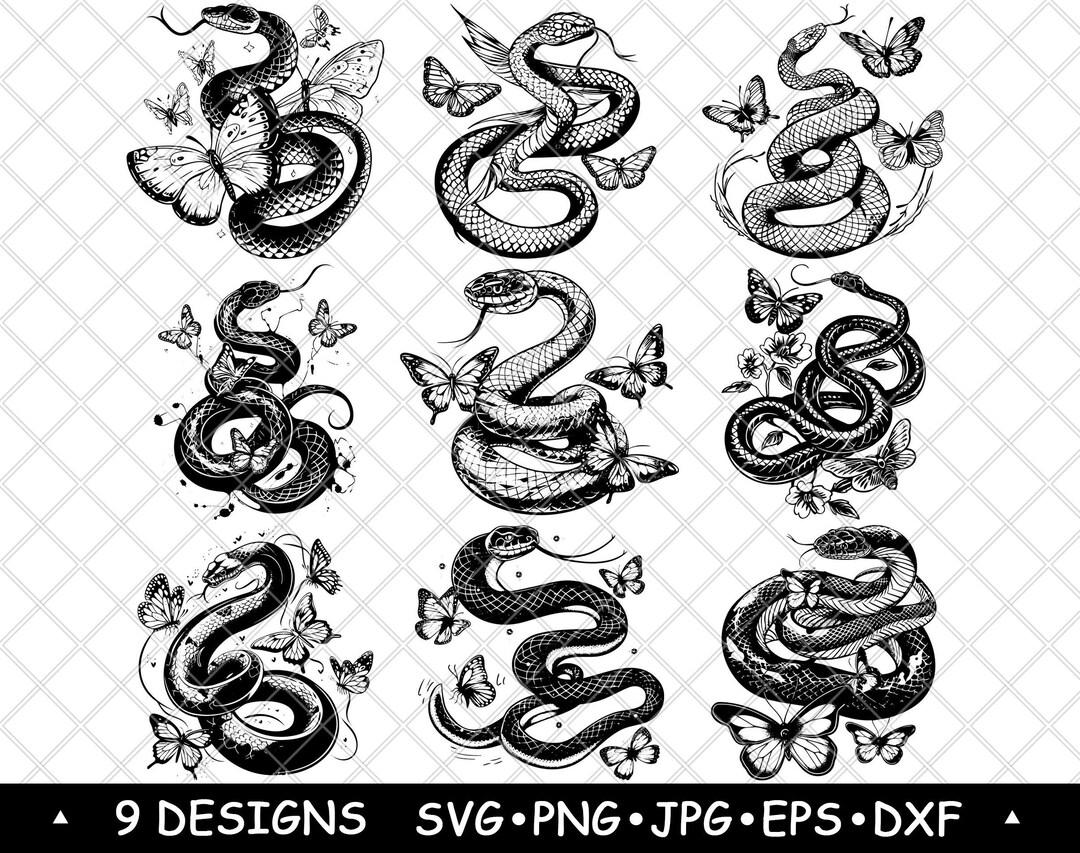 Coiled Snake Serpent Butterflies Gothic Nature Wildlife Laser File SVG ...