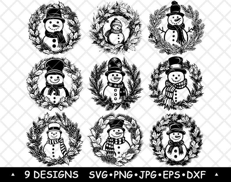 Snowman Wreath Clipart PNG Bundle | Christmas Snowman Line Art | Winter ...