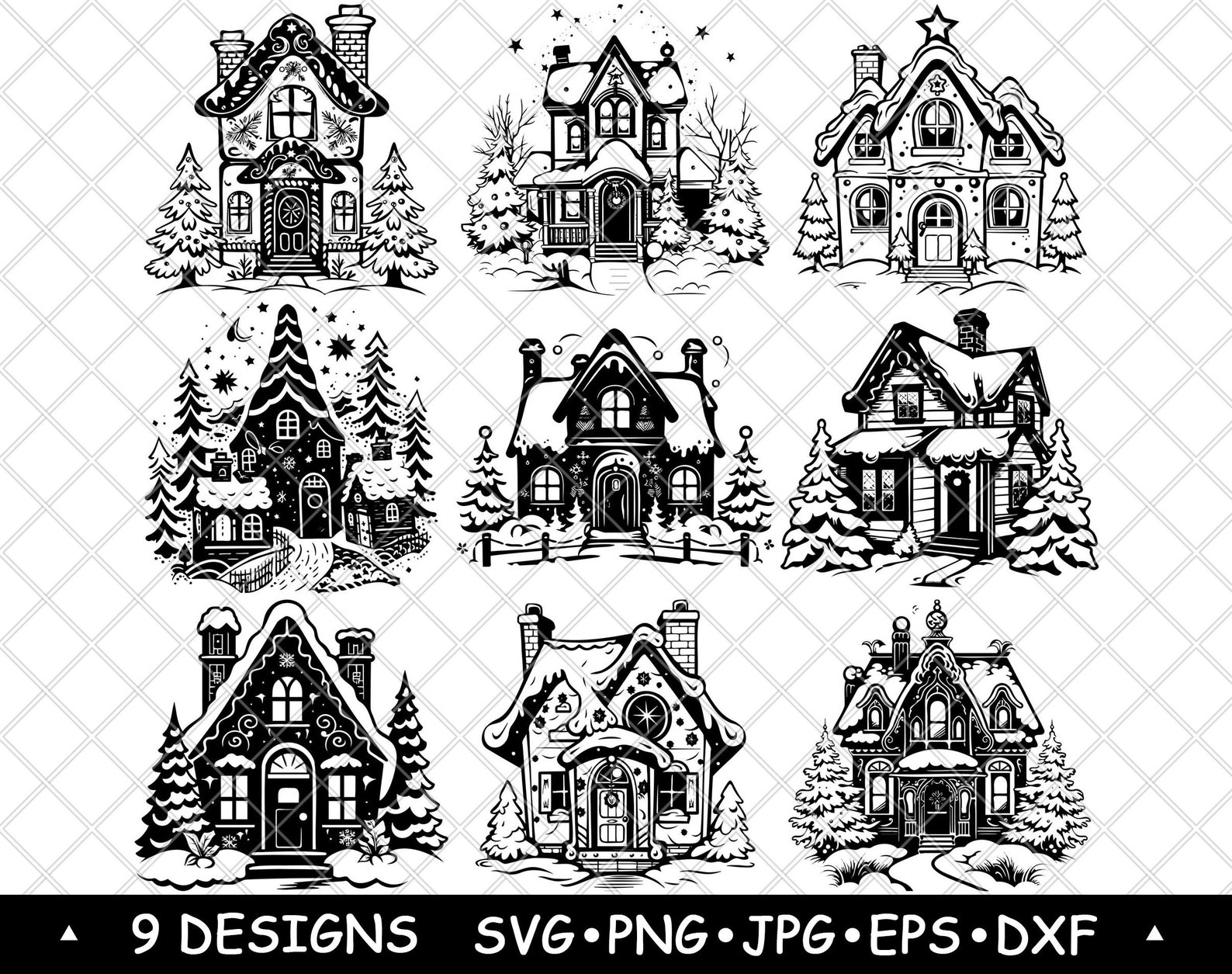 Christmas Cottage Clipart Bundle PNG | Winter Snow House Line Art ...