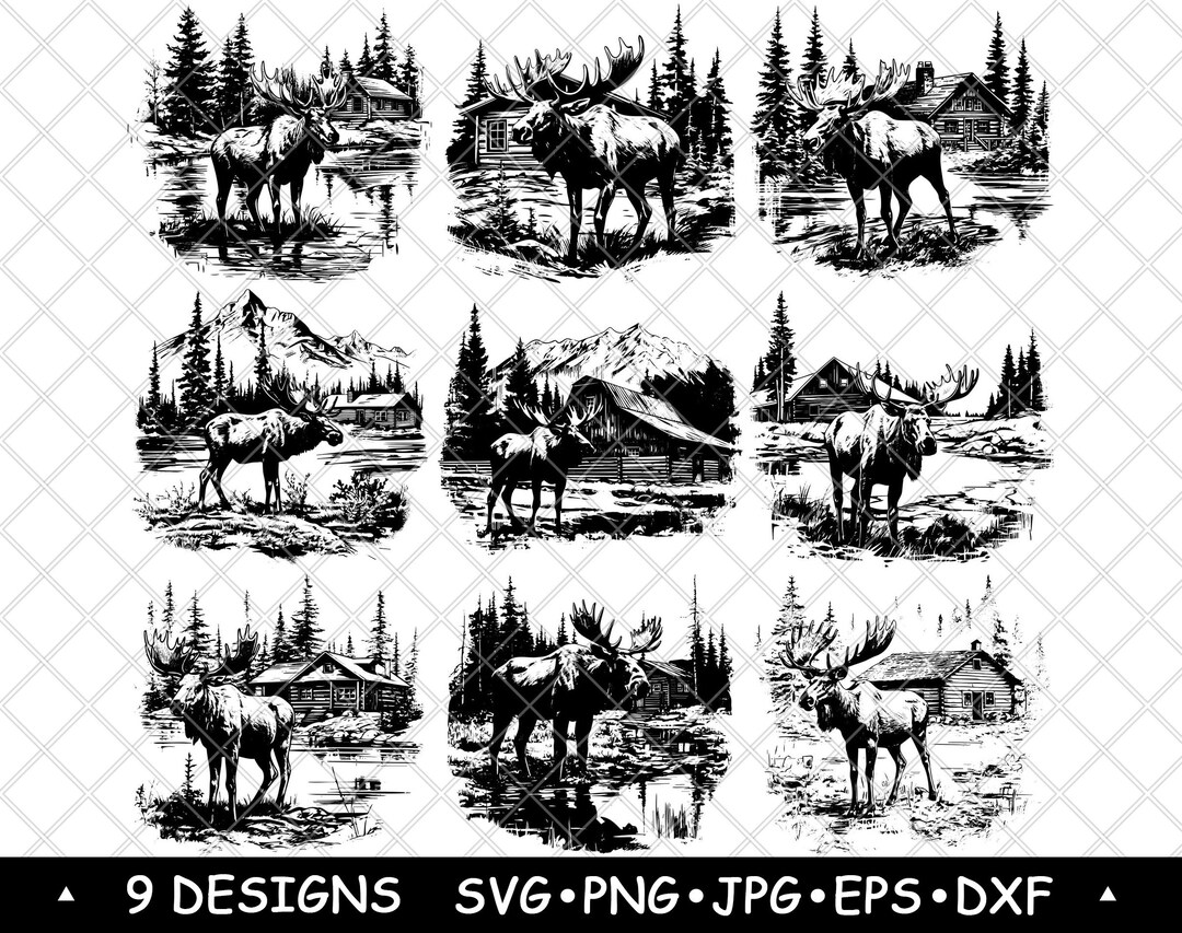 Moose Rustic Log Cabin Wild Forest Animal Mountain Scene Laser File SVG ...
