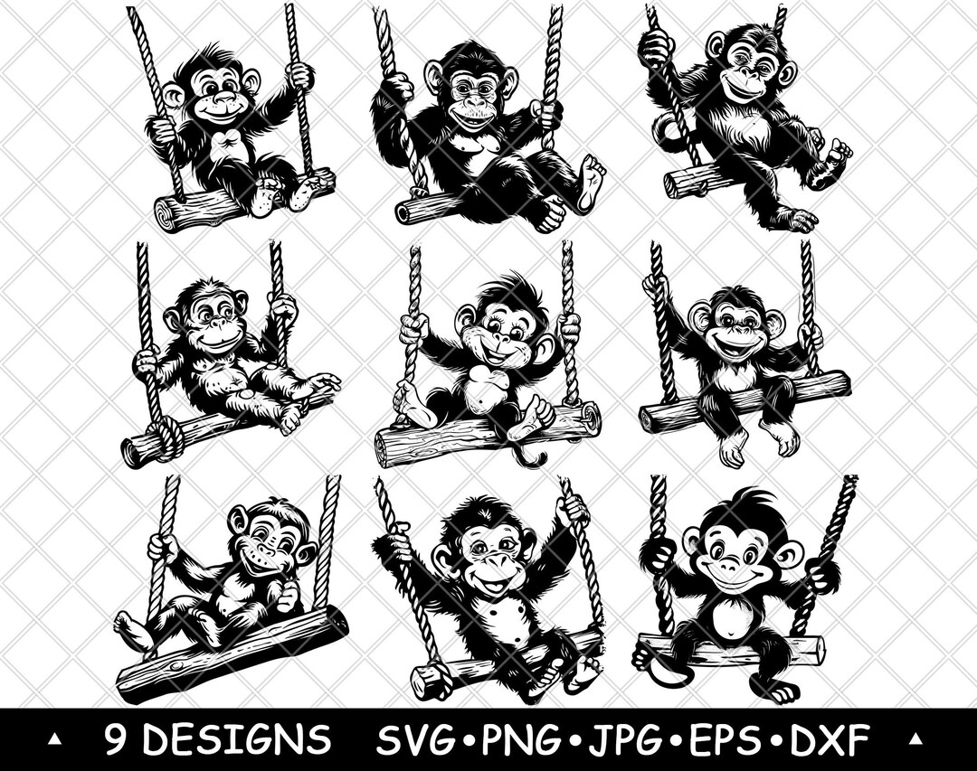 Cute Baby Monkey Rope Swing Primate Chimp Young Wildlife Laser File SVG ...