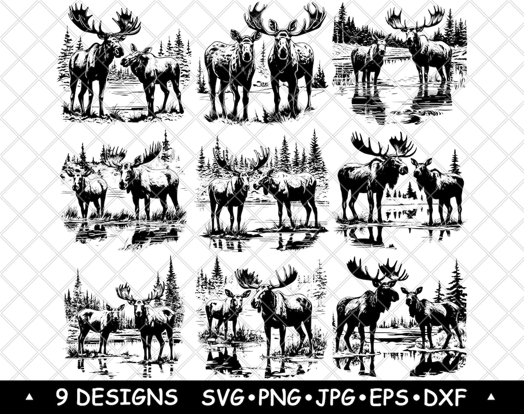 Bull Moose Couple Elk Wapiti Pair Male Female Mate Wild Laser File SVG ...
