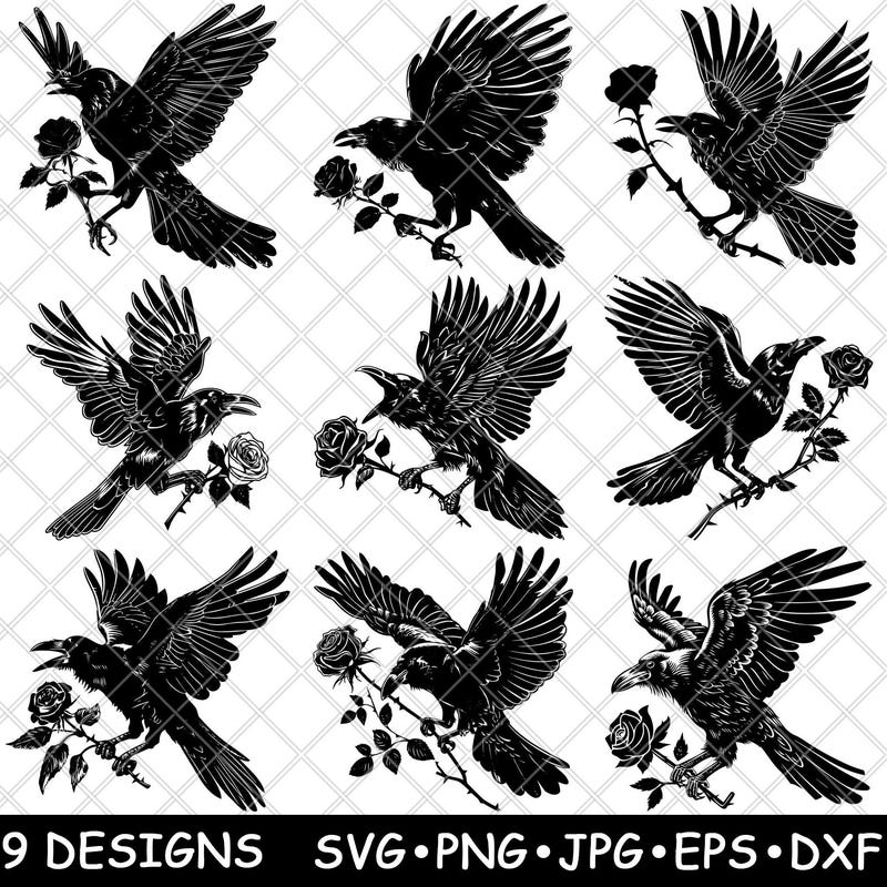Raven and Roses Clipart - Etsy