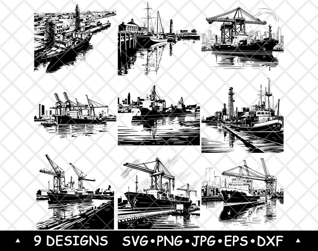 Harbor and Cargo Ship Vector Set Industrial Port Clipart for Stickers ...