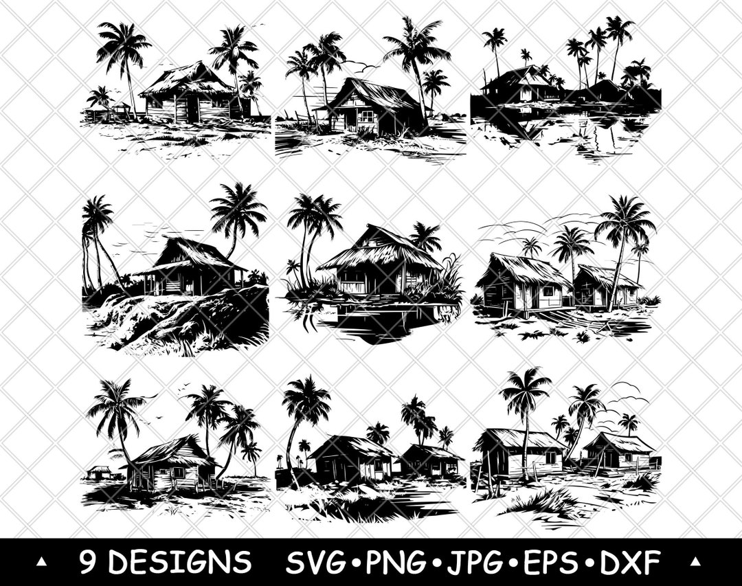 Tropical Beach Hut Vector Set | Island Bungalow Clipart for Stickers ...