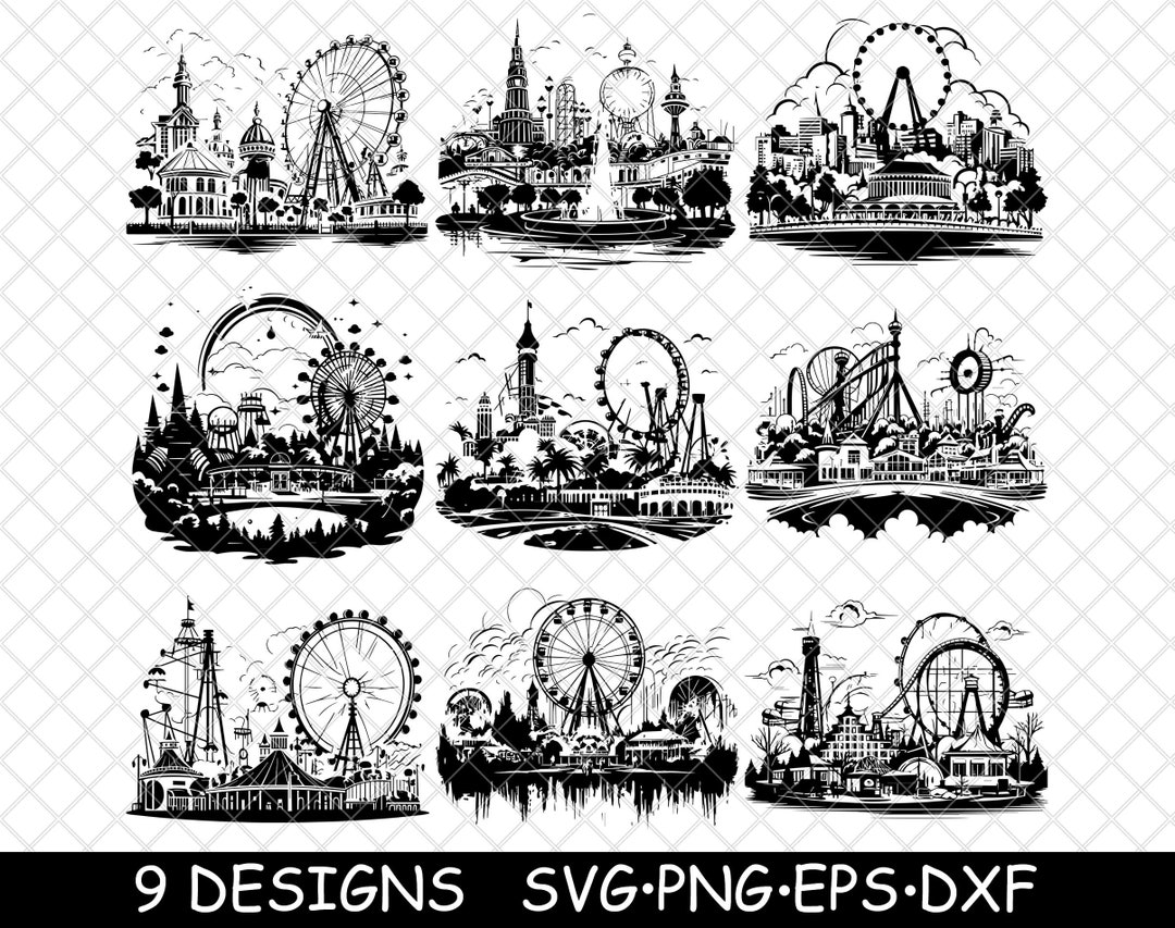 Amusement Park Skyline Clipart Bundle Ferris Wheel Theme Park Line Art ...