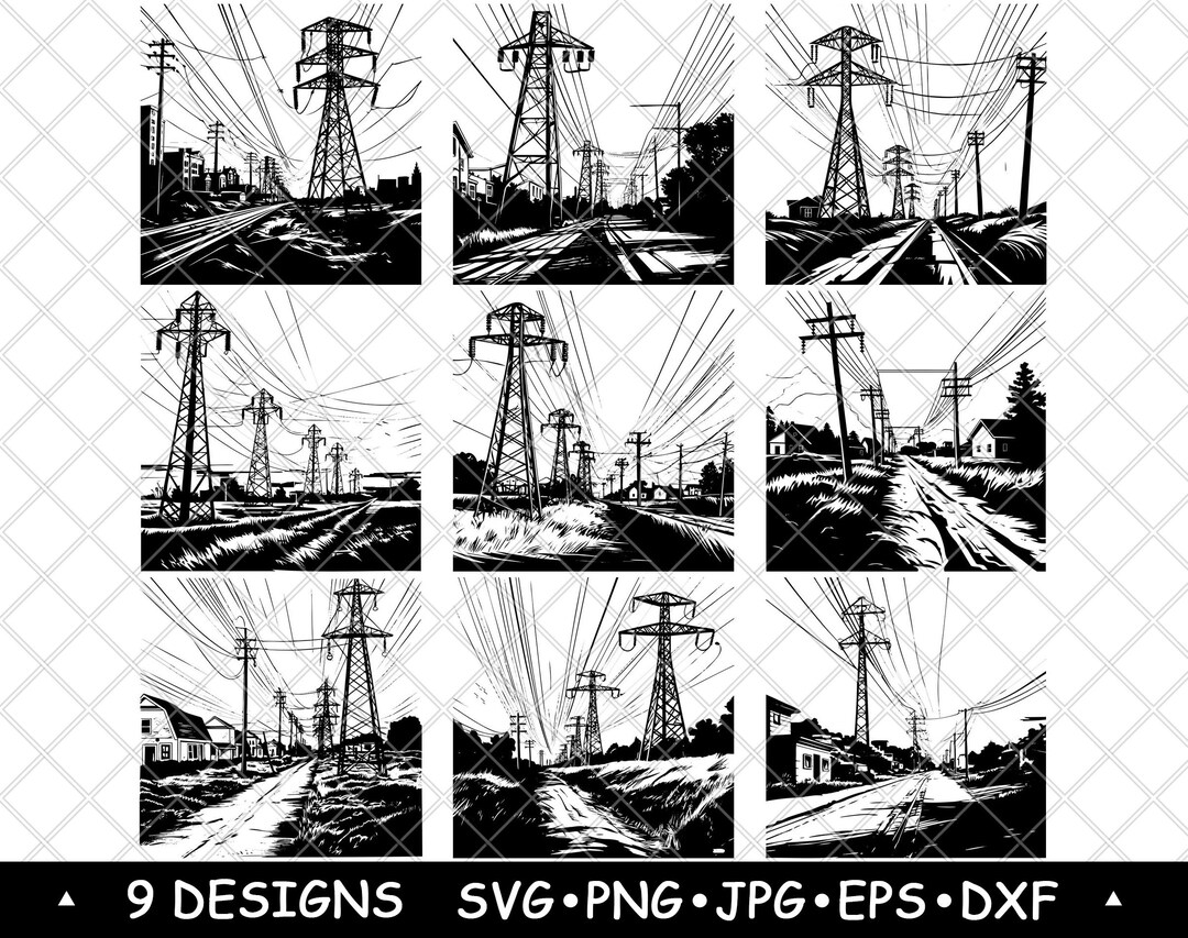 Power Line SVG Bundle | Electric Tower Landscape Clipart for Laser ...