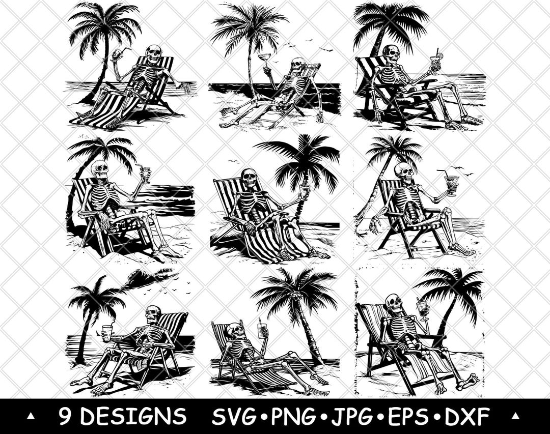 Skeleton Sunbathing Cocktail Drink Tropical Beach Chair Laser File SVG ...