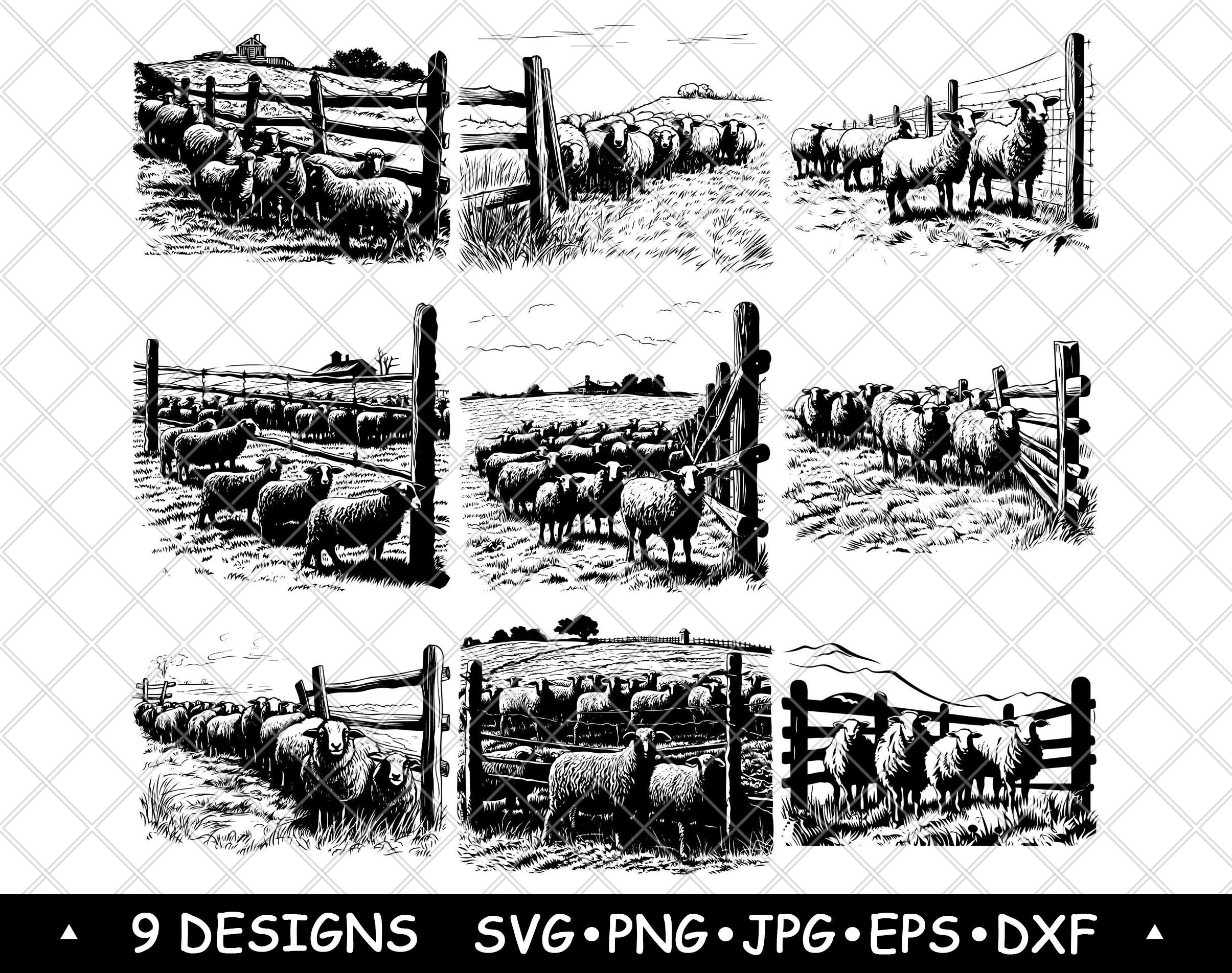 Sheep Farm Clipart Rustic Flock and Fence Vector Designs for Engraving ...