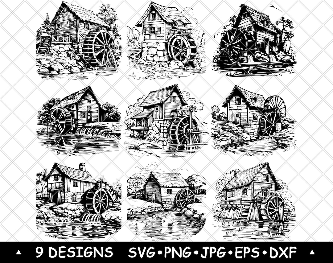 Waterwheel Old Mill Hydropower River Bank Stream Turbine Laser File SVG ...