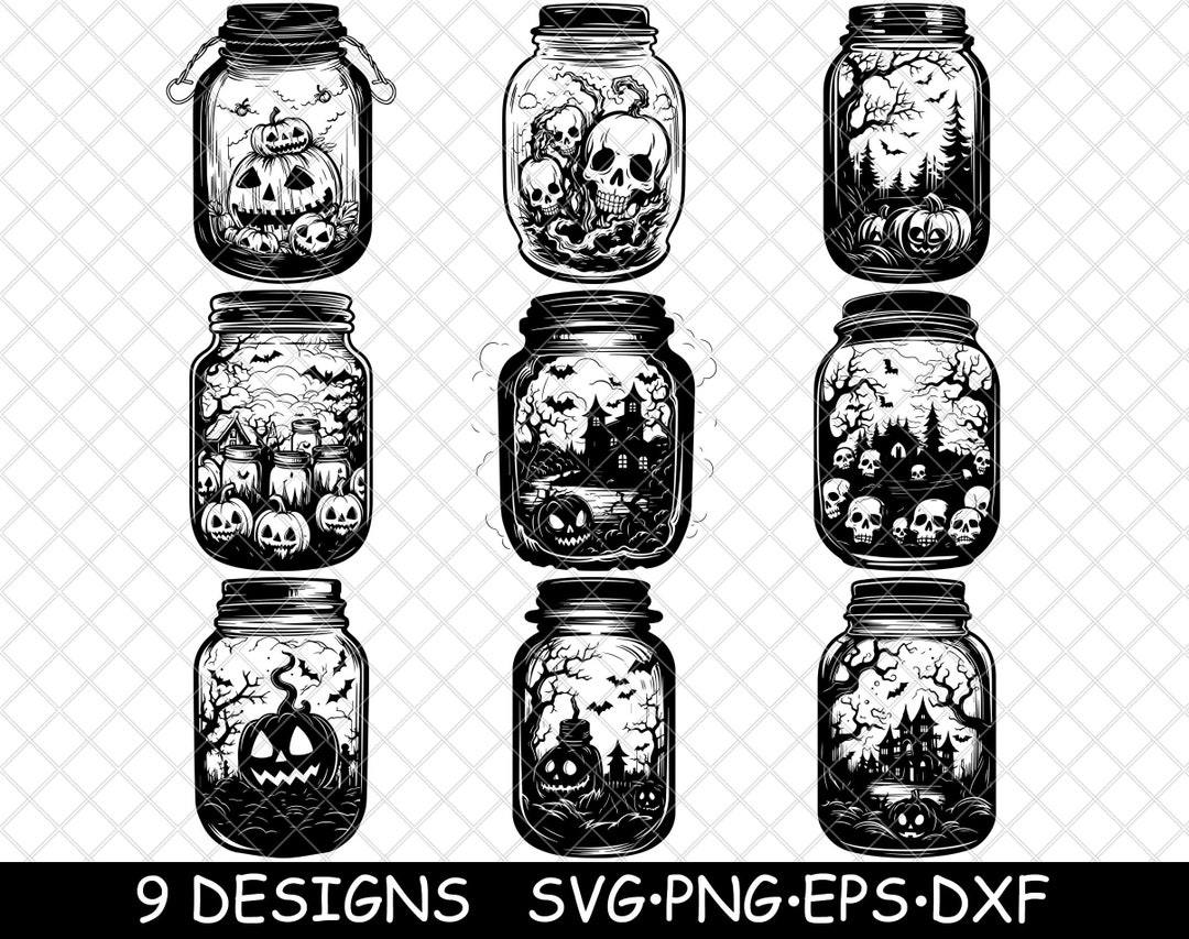 Halloween Mason Jar Clipart Bundle Spooky Jar Scenes PNG SVG Skull ...