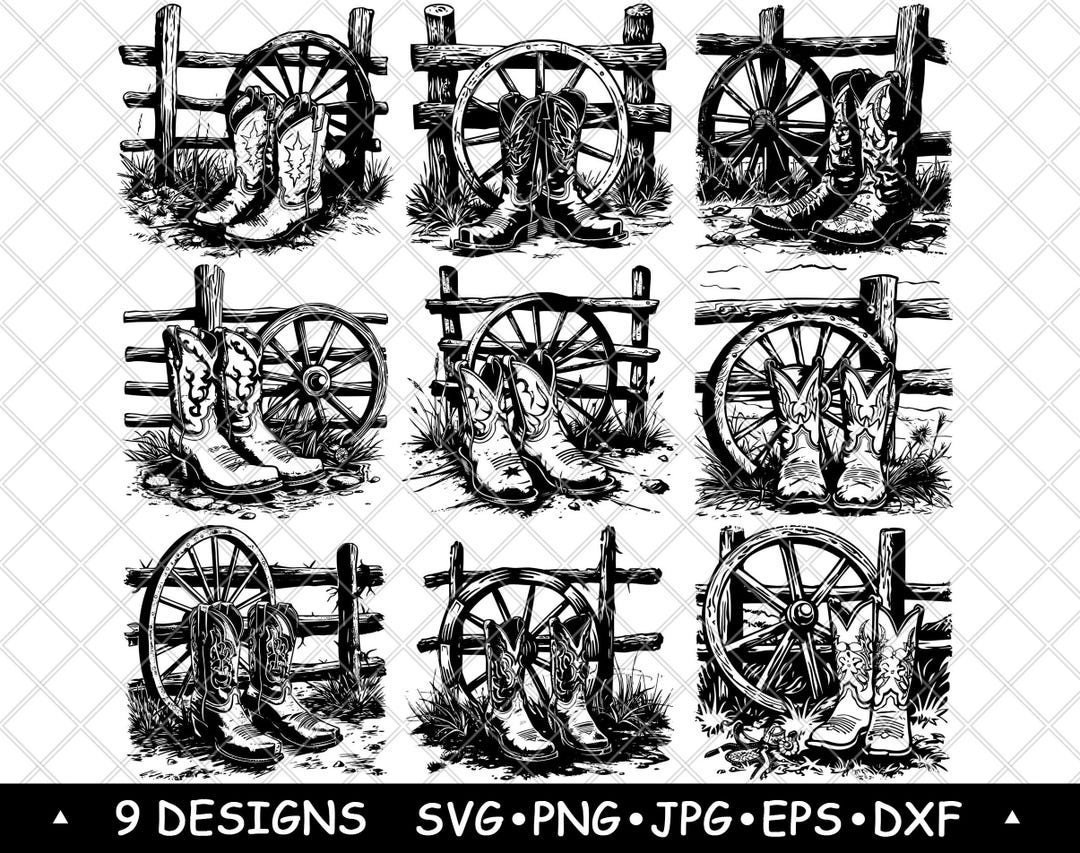 Rustic Fence West Wagon Cart Wheel Cowboy Boots Country Laser File SVG ...