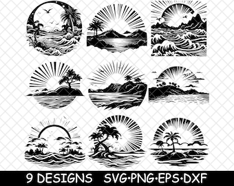 Sunset Dxf Svg Png Files Sunset Palm Trees Sea - Etsy