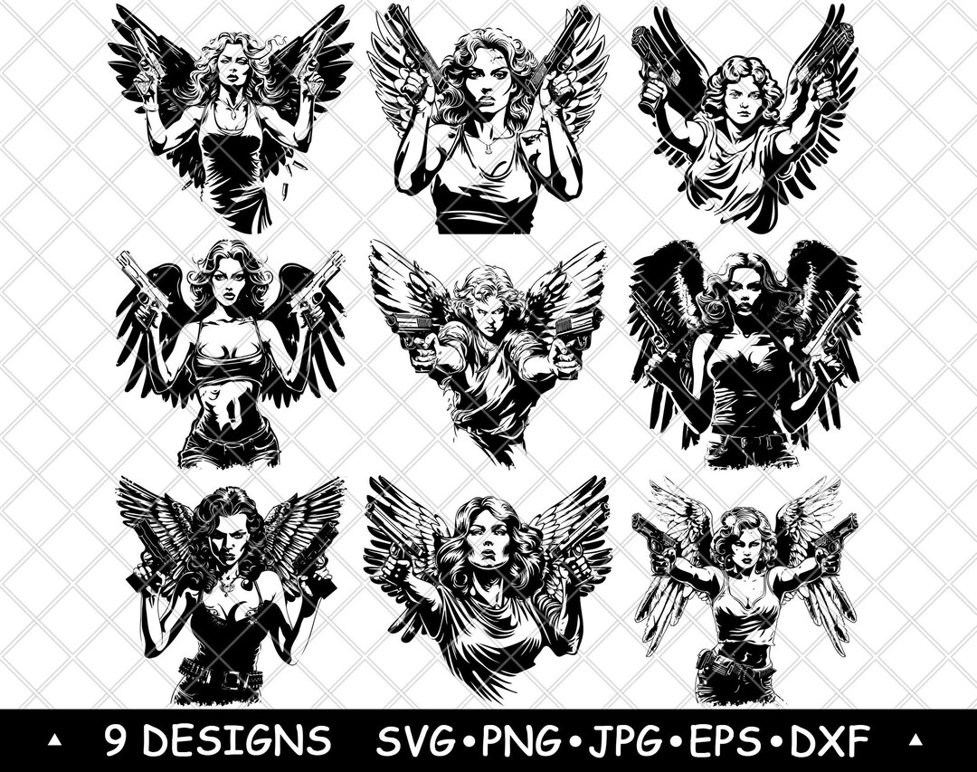 Woman Angel Pistols Guns Winged Rebellious Lady Warrior Laser File SVG ...