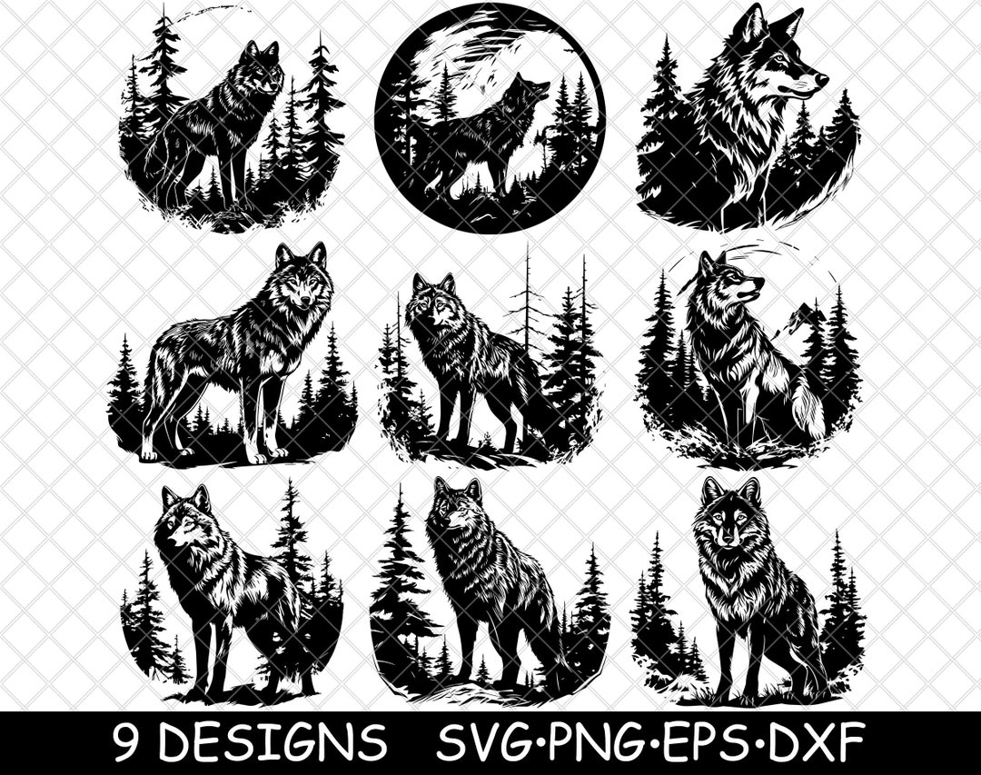 Wild Gray Wolf Pine Forest Trees Lone Taiga Boreal Husky Alpha Svg,dxf ...