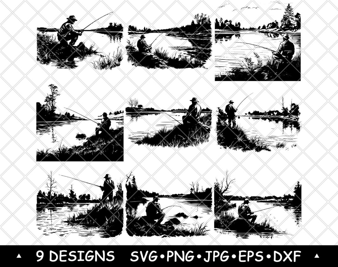 Vintage Fishing Scene Vector Bundle River Fisherman SVG for Laser ...