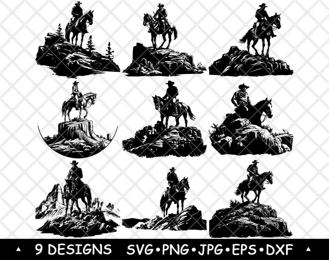Cowboy Wrangler Gunslinger Vaquero Wild West Rocky Cliff Laser File SVG ...