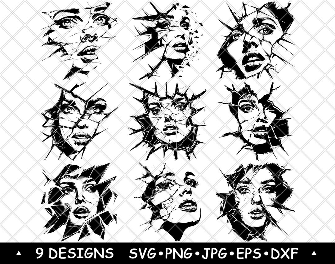 Broken Glass Face Vector Bundle | Surreal Woman Portrait Pngs for Edgy ...