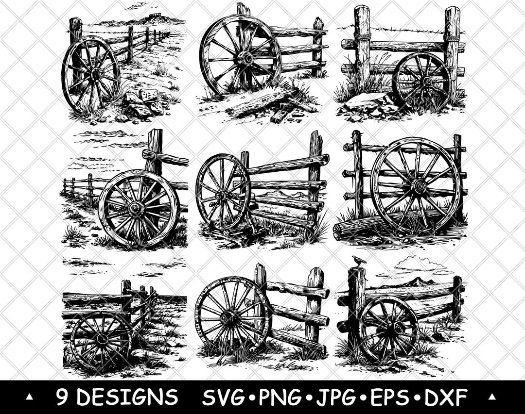 Wagon Wheel and Fence Vector Bundle | Rustic Western Clipart for Laser ...