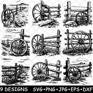 Rustic Fence Old West Wagon Cart Wheel Vintage Country Laser File SVG ...