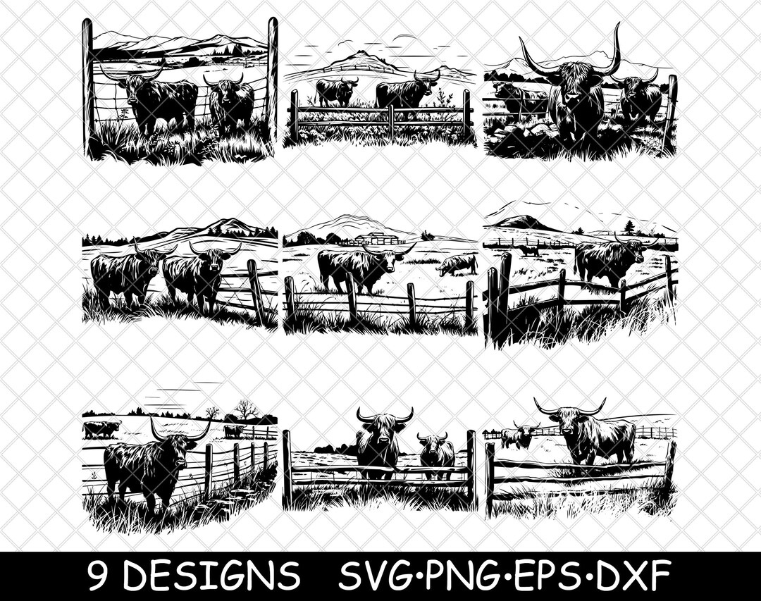 Highland Cattle Cow Farm Rustic Barn Ranch Fence Heifer Longhaired Svg ...
