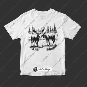 Moose Couple Bull Elk Antler Wild Lake Swamp Scene Coaster Black White ...