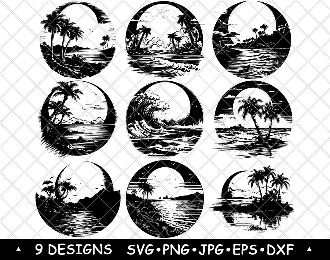 Coastal Moon Beach Night Sky Horizon Sea Waves Moonlight Shore Svg,dxf ...