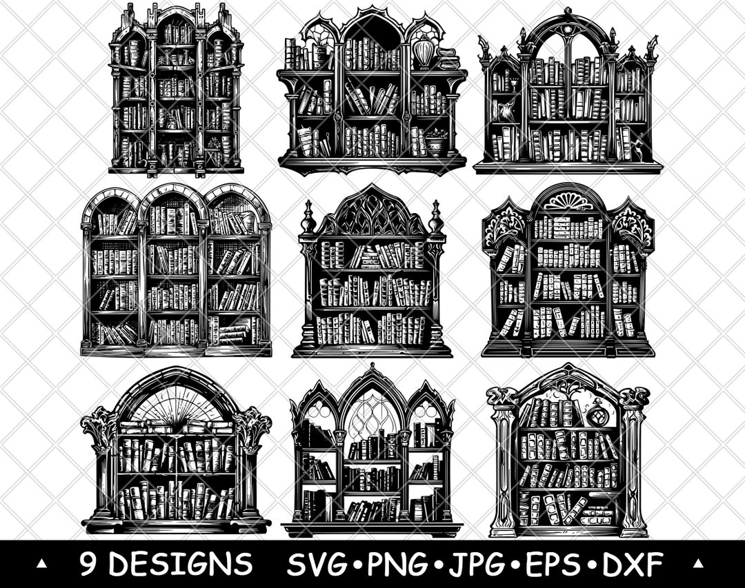 Antique Bookshelf Gothic Castle Library Old Story Book Laser File SVG ...