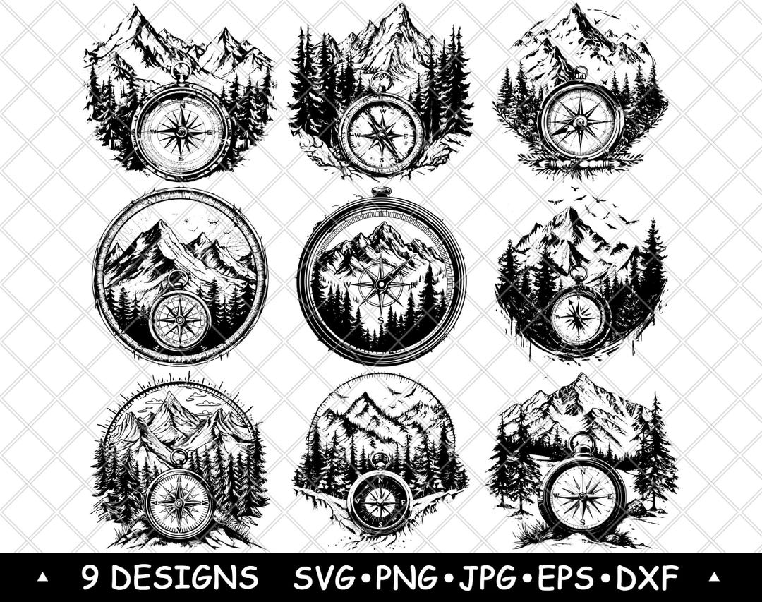 Compass Mountain Forest Trees Navigation Travel Hiking Laser File SVG ...