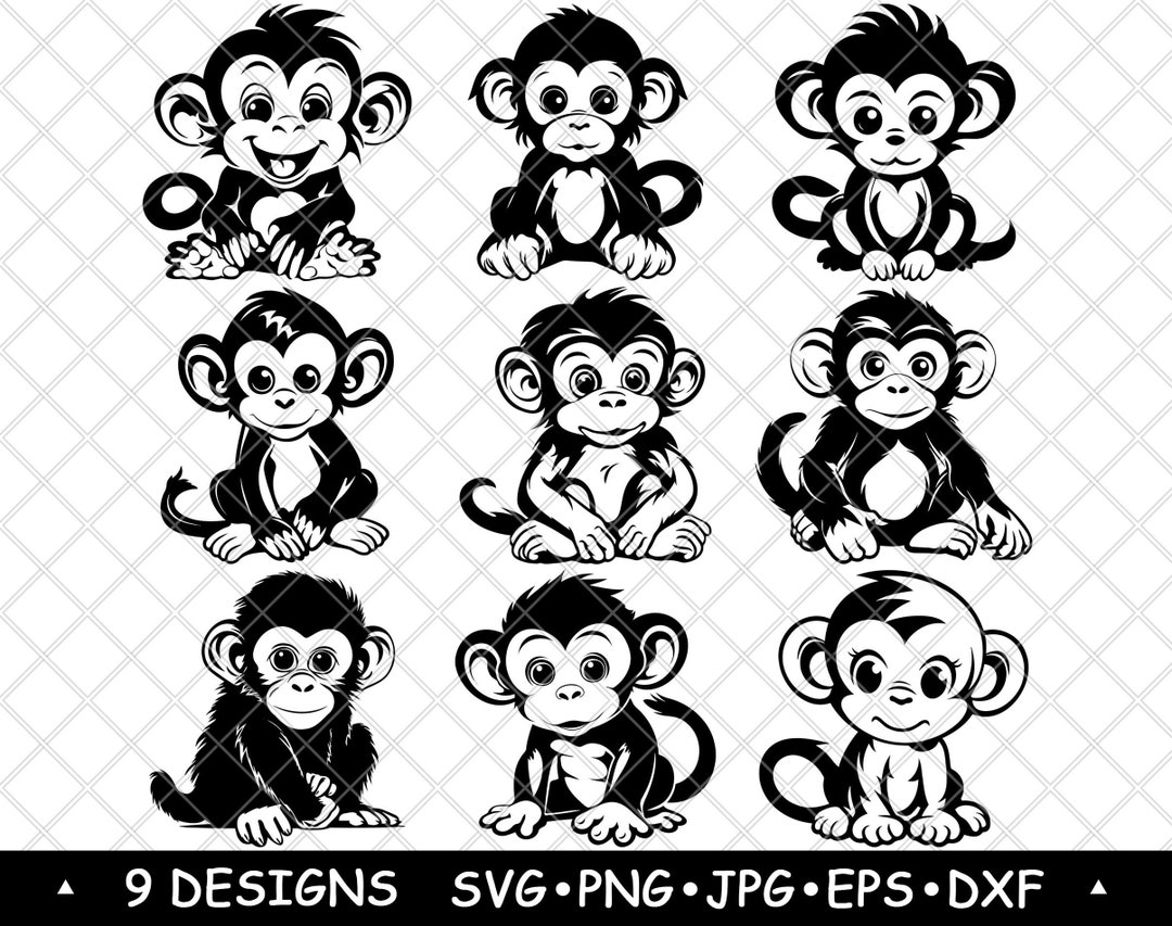 Monkey Clipart Bundle Kawaii Baby Jungle Animal PNG SVG Cartoon Monkeys ...
