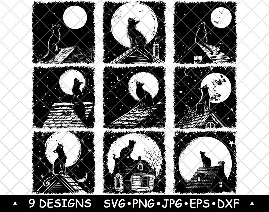Cat Yowling Roof Full Moon Sky Wailing Star Gazing Scene Laser File SVG ...