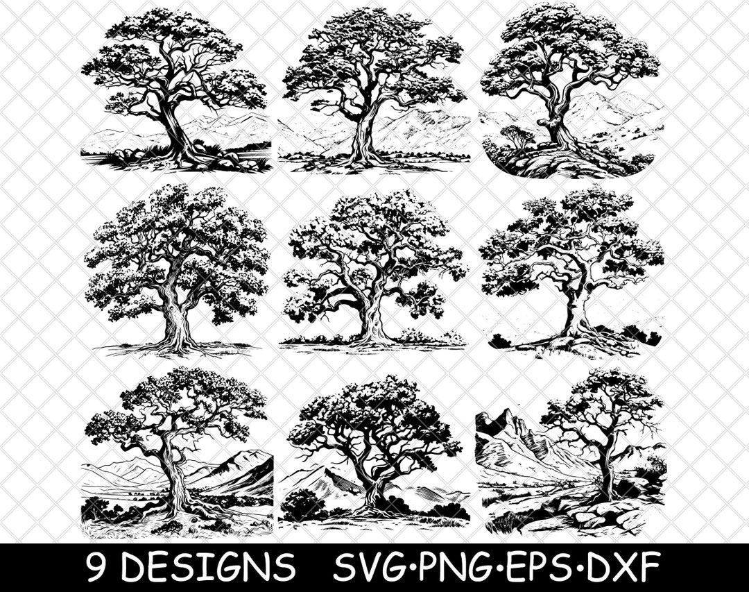 Vintage Oak Tree Scenic Nature PNG SVG Old Grove Landscape Set Cricut ...