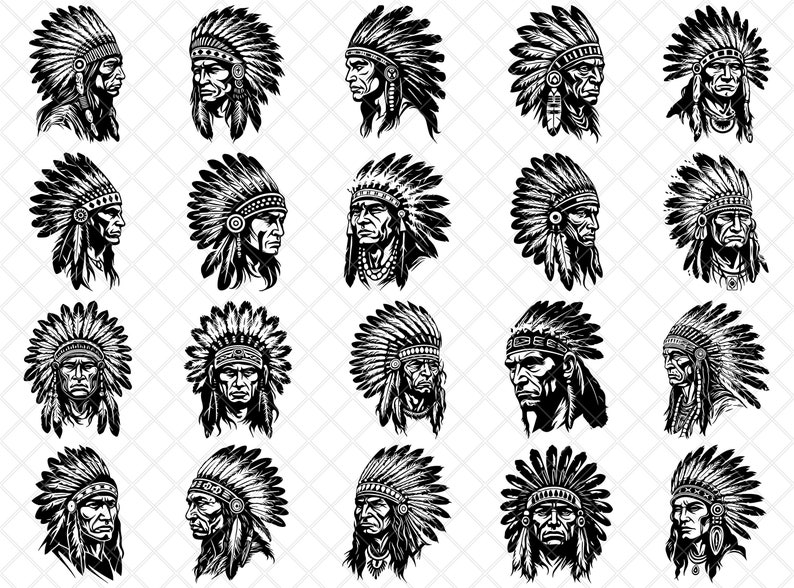 20 Indian American Chief Warrior Bundle | PNG, EPS, SVG, Dxf | Cricut ...