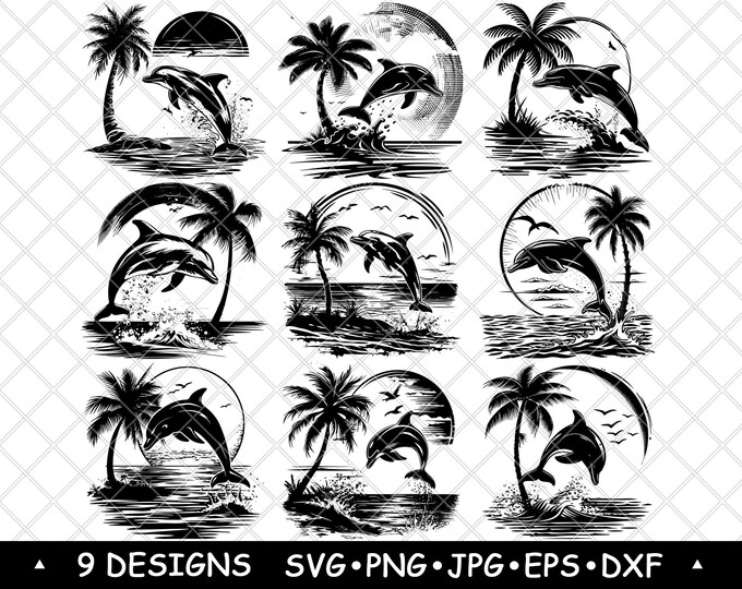 Dolphin Beach Sunset Palm Trees SVG Cut - Background Black and White ...