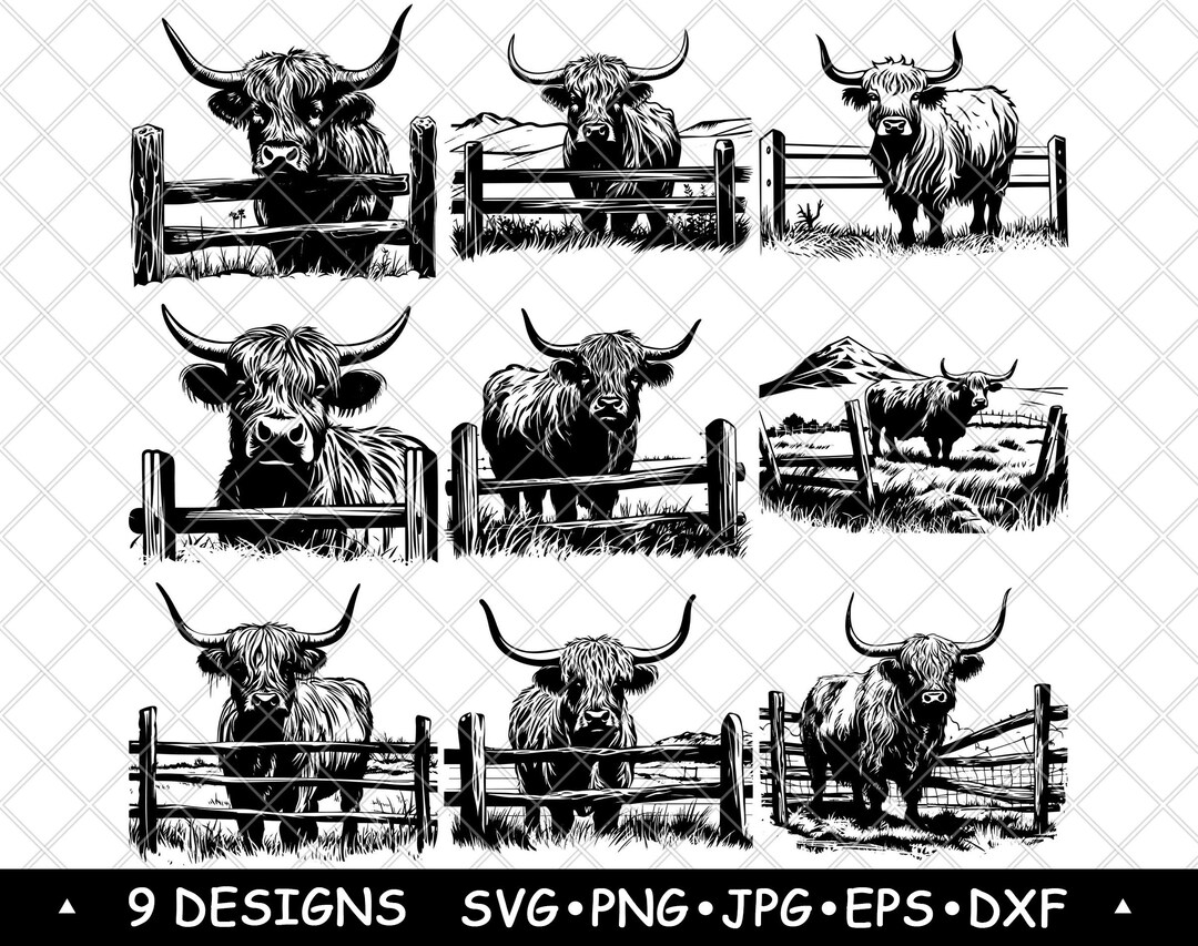Highland Cattle Cow Farm Rustic Barn Ranch Fence Heifer Longhaired Svg ...
