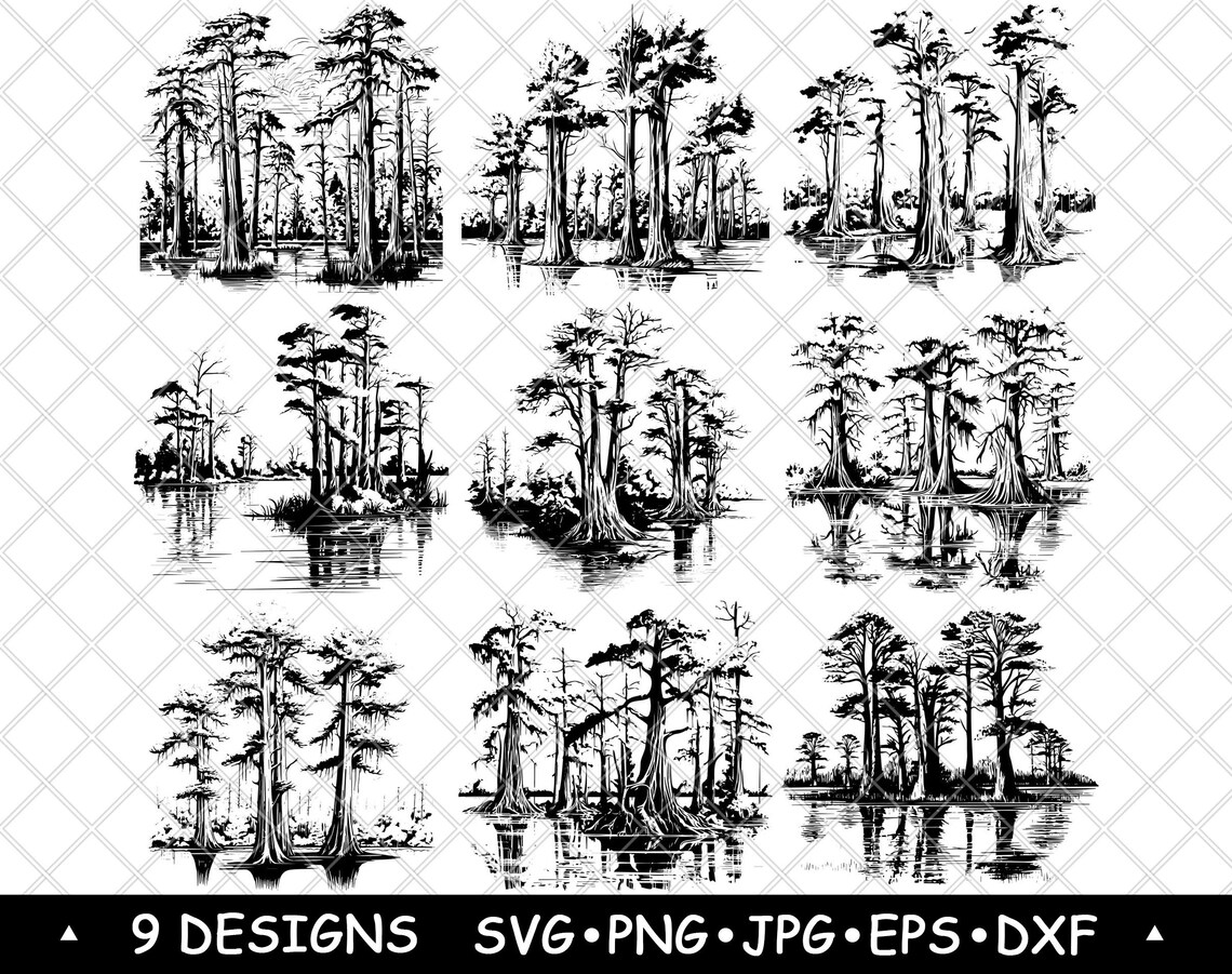 Cypress Tree Wetland Swamp Bundle SVG PNG Black and White Bayou Forest ...