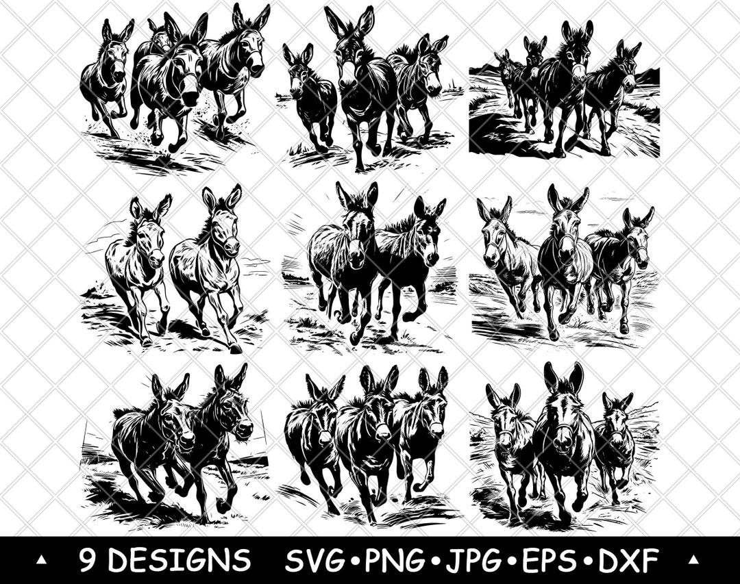 Donkey Clipart Bundle Vintage Mule Farm Animal Running Set for Stickers ...