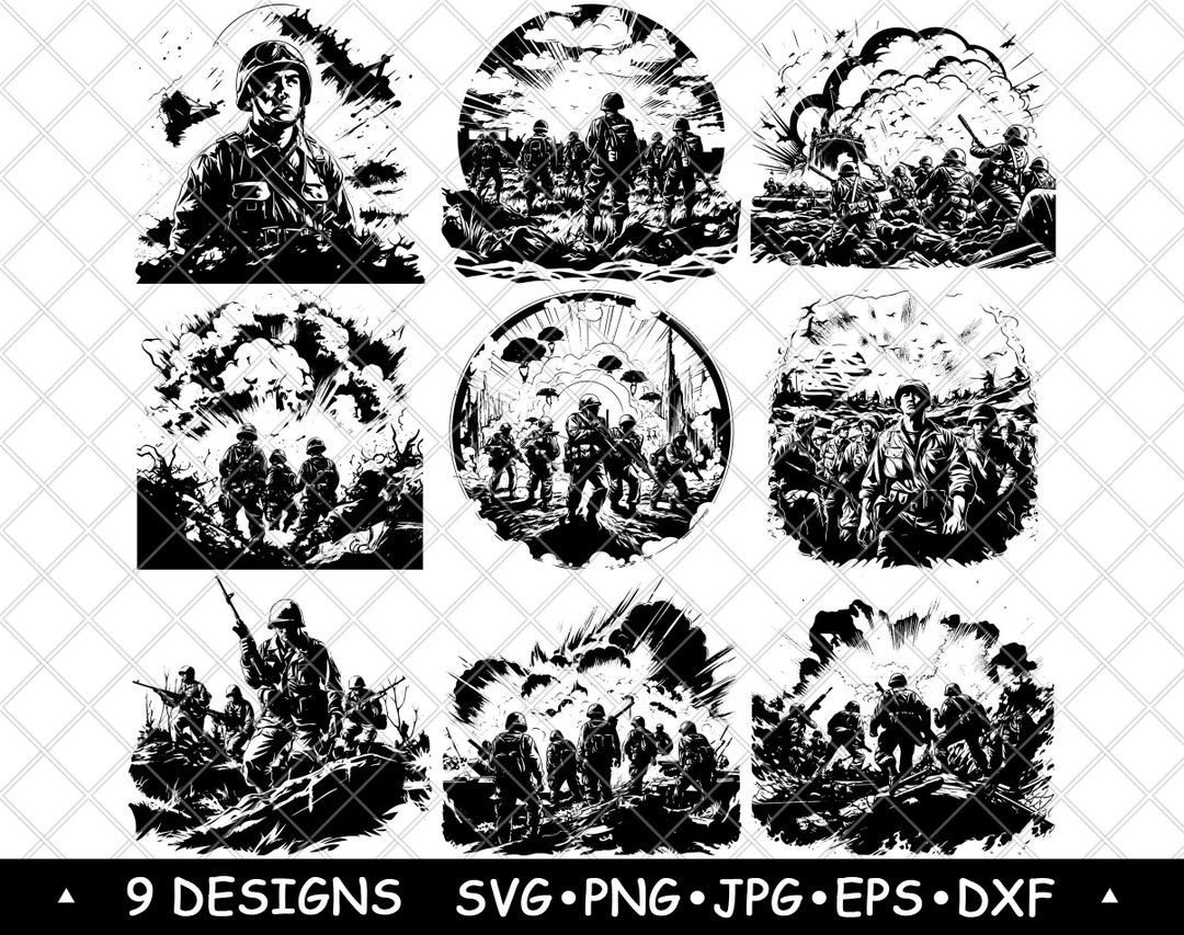 WWII Soldier Battle Scene Vector Bundle | Military War Art for Stickers ...