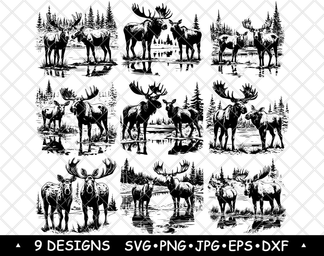 Moose Couple Bull Elk Antler Wild Lake Swamp Scene Coaster Black White ...