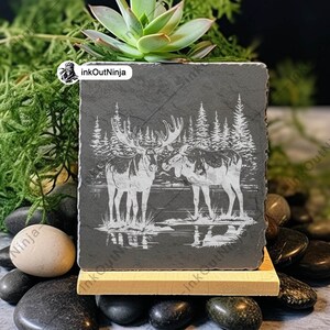 Moose Couple Bull Elk Antler Wild Lake Swamp Scene Coaster Black White ...