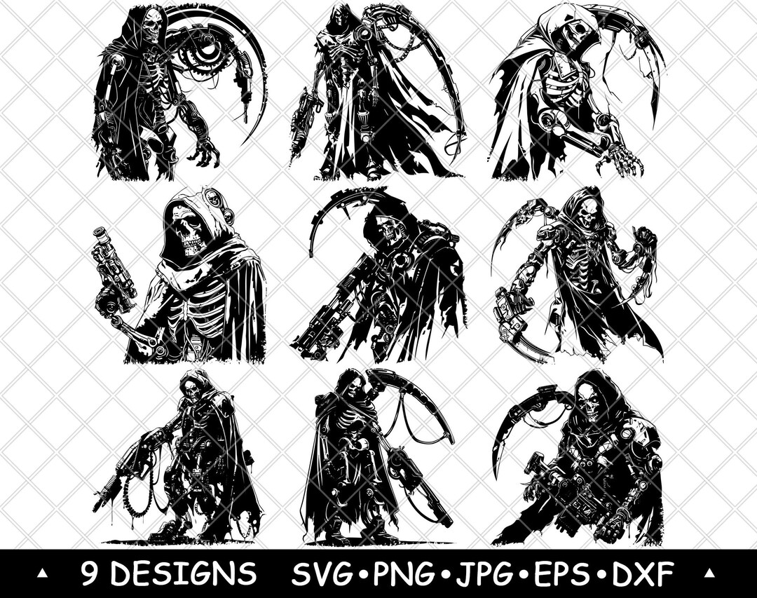 Grim Reaper Steampunk Mech Parts Sci-fi Weapon Skeleton Laser File SVG PNG JPG Grayscale Burn ...