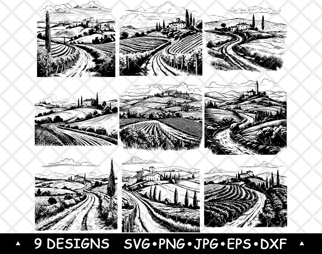 Tuscan Vineyard SVG Bundle Italian Countryside Clipart Rolling Hills ...