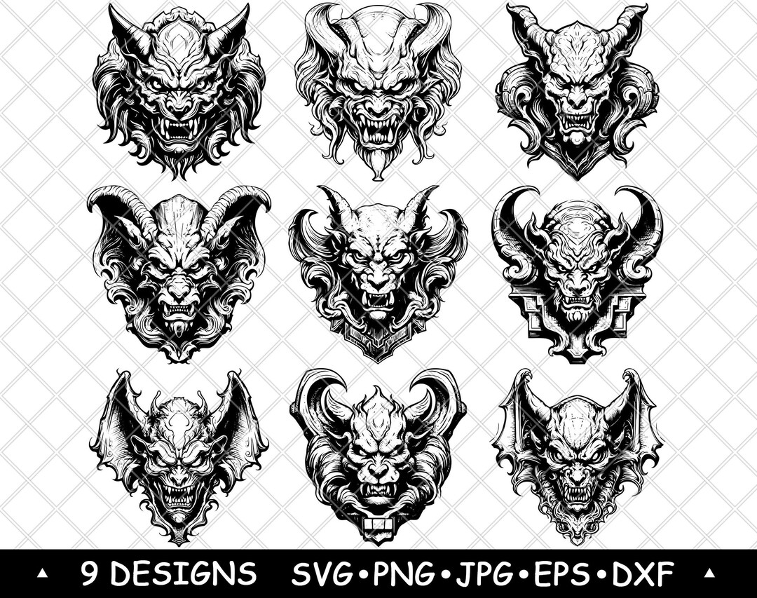 Gargoyle Demon Head Vector Set | Gothic Monster Clipart for Tattoos ...