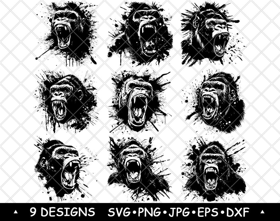 King Gorilla Ape Head Roar Wild Angry Primate Jungle Ink Laser File SVG ...
